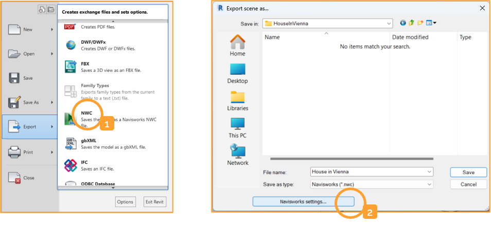 NWC export settings for Revit